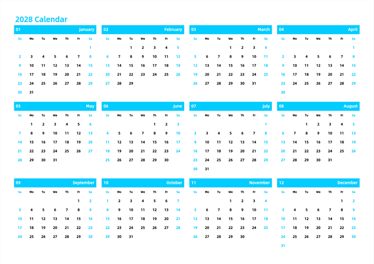 2028年日历表 英文版 横向排版 周日开始 日历模板(DF011-2368) - 日历表2028年日历打印下载